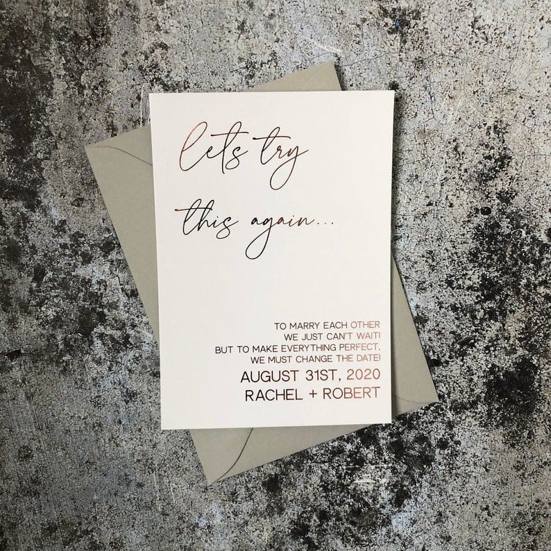 Top 5 Change the Date Wedding Card Designs - Metallic Elephant